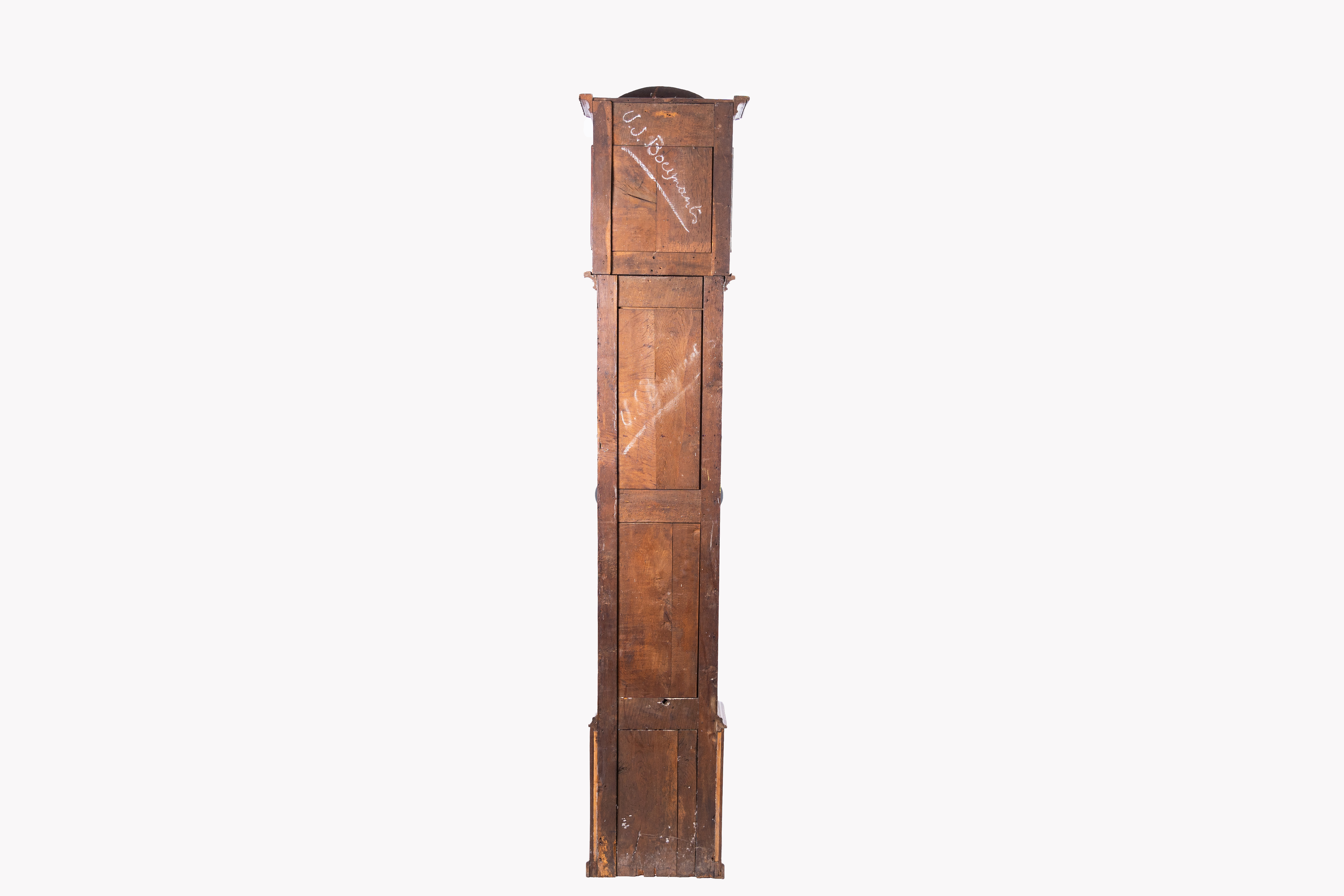 A large French wood longcase clock with various wood inlays, 19th C ...