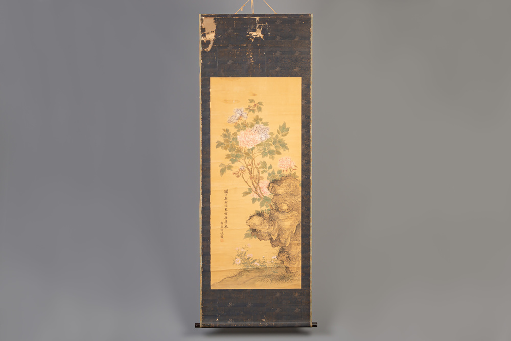 A Chinese silk scroll painting with flowers, signed, 19th C. - Coronari ...
