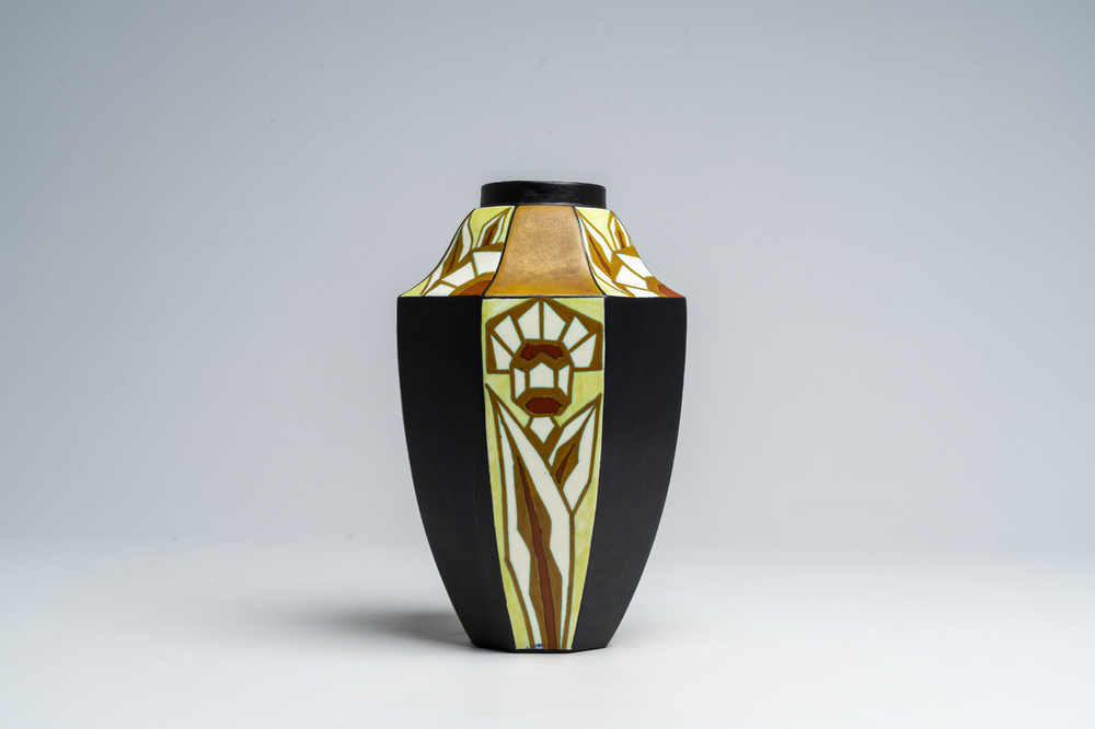 An octagonal Boch Keramis Art Deco vase with polychrome floral design ...